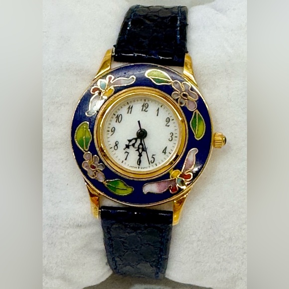 Accessories | Vintage Cobalt Enamel Floral Low Profile Watch Gold Tone ...